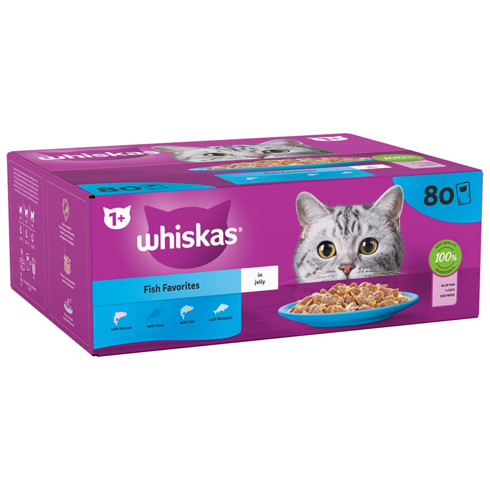 Whiskas 1+ Fish Favourites in Jelly Adult Wet Cat Food Pouches 80x85g ...